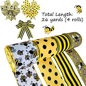 Bumble Bee Ribbon Wired 26 Yard Polka Dot Wired Edge Fabric Ribbon Bee Vertical Stripe Craft Ribbon Decorative Ribbon DIY for Wrapping, Party Decoration, Hair Bows, Crafting and Sewing