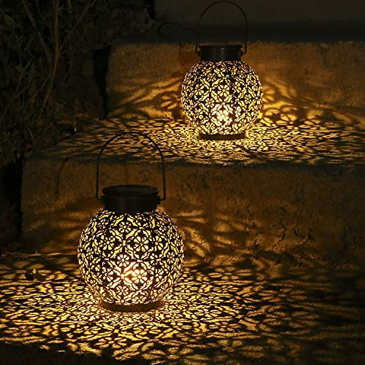 Solar Lanterns Outdoor, Shineslay Solar Lanterns Outdoor IP44 Waterproof, 2 Pack Hollowed-Out Metal Retro Hanging LED Lights, Sensitive Lighting Control Lamp for Patio Courtyard Balcony Garden