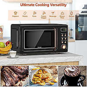 COSTWAY Retro Countertop Microwave Oven, 0.7Cu.ft, 700-Watt, High Energy Efficiency, 5 Micro Power, Delayed Start Function, with Glass Turntable & Viewing Window, LED Display, Child Lock (Gold)