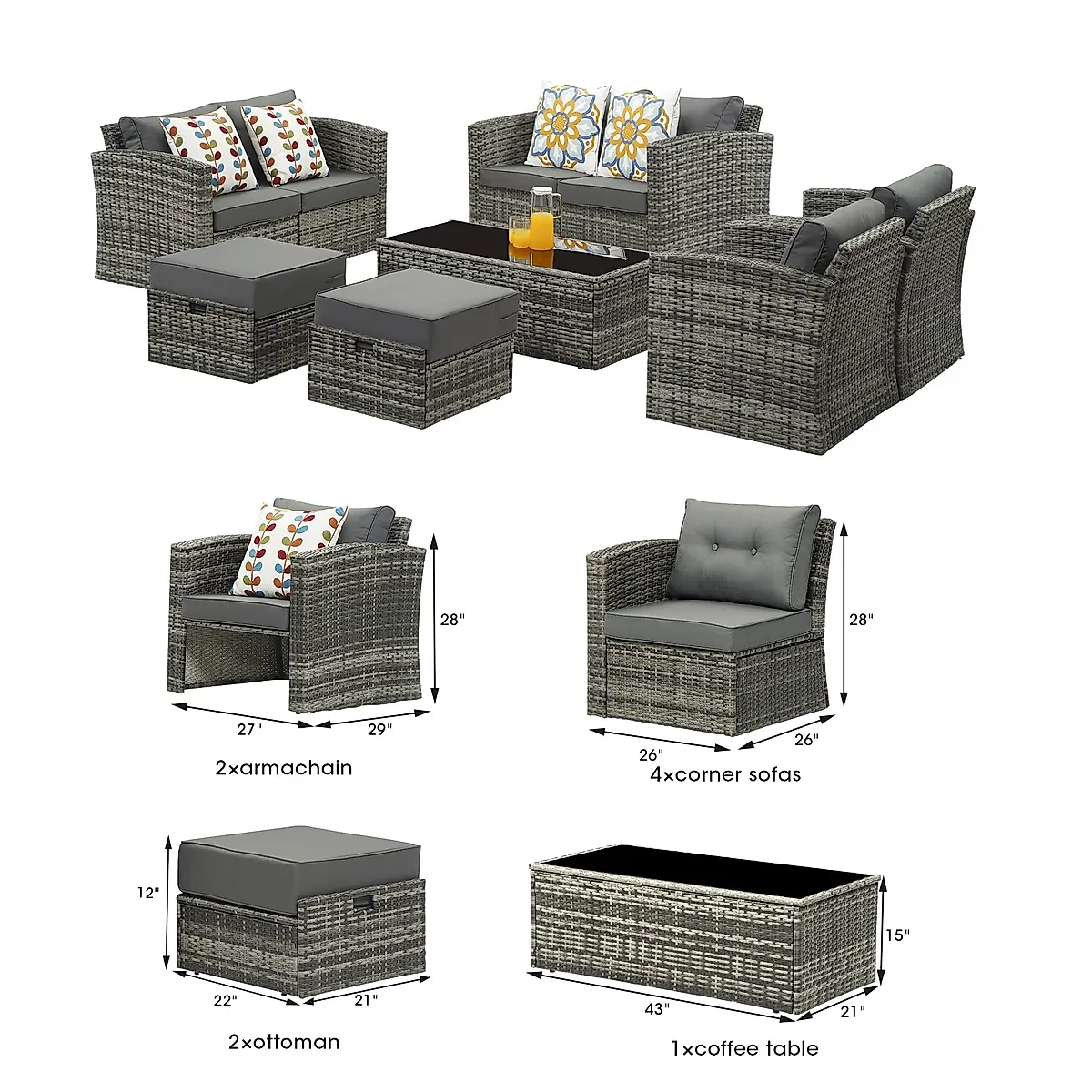 SUNVIVI OUTDOOR Patio Furniture Set, 4 Piece Outdoor Dark Grey Wicker Patio Furniture Sets, Aluminum Frame Outdoor Sectional Furniture Patio Couch Set with Anti-Slip Cushion