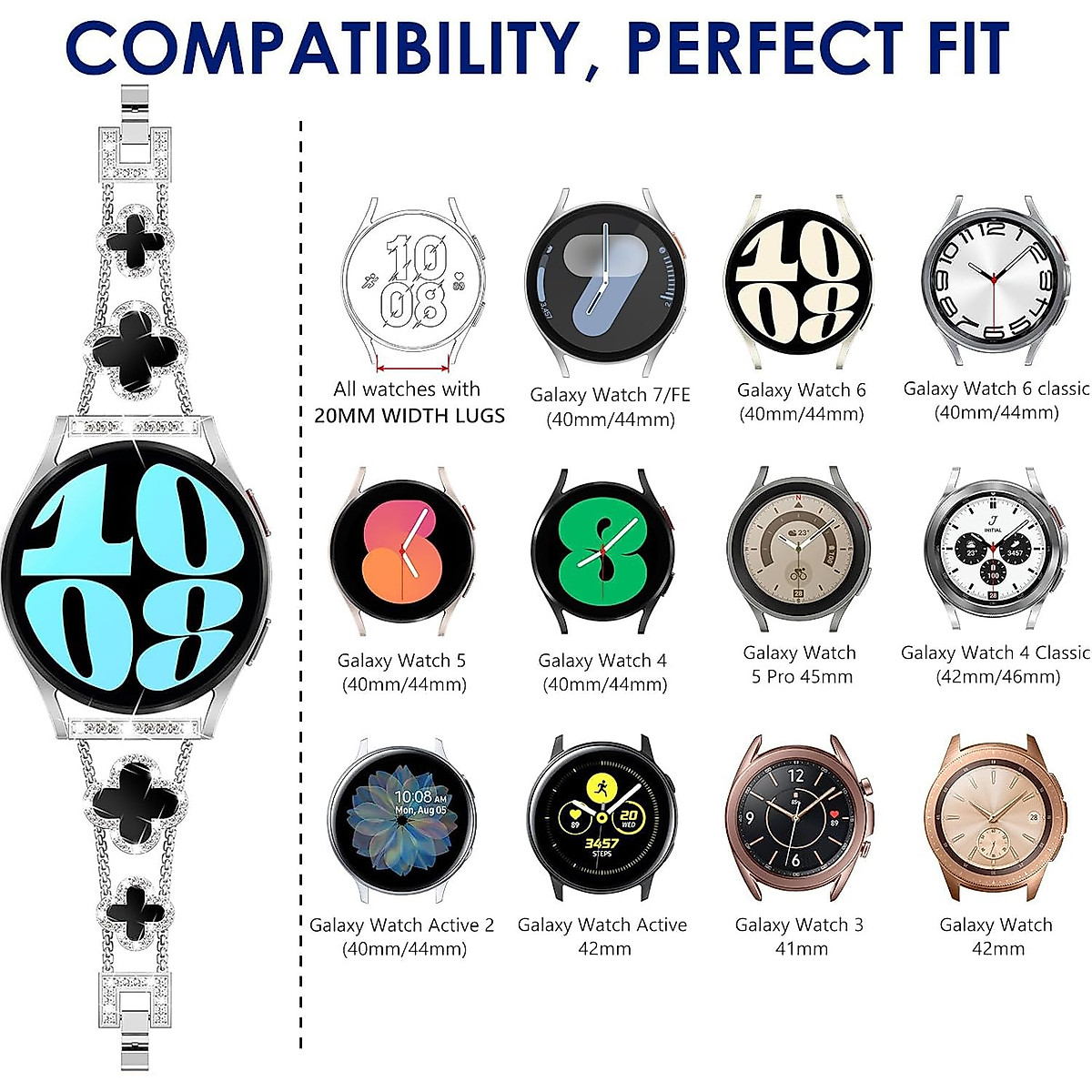 WINGLE for Samsung Galaxy Watch 7 6 5 4 FE Band 40mm 44mm Women Watch 5 Pro Band 45mm Four/4 Leaf Clover 20mm Bling Band for Active 2/Galaxy Watch 6/4 Classic 43mm 47mm 42mm 46mm/Watch 3 41mm, Silver