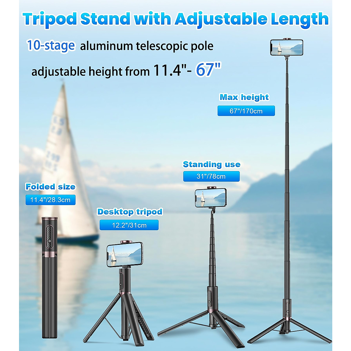 TONEOF 67" Cell Phone Selfie Stick Tripod,Smartphone Stand All-in-1 with Integrated Wireless Remote,Portable,Lightweight,Extendable for iPhone/Android(Black)