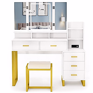 PAKASEPT Vanity Set with Lighted Tri-fold Mirror, 45.59'' Large Vanity Desk with Charging Station, 3-Color Adjustable Touch Light, 5 Drawers, Storage Shelves&Cushioned Stool Makeup Vanity for Bedroom