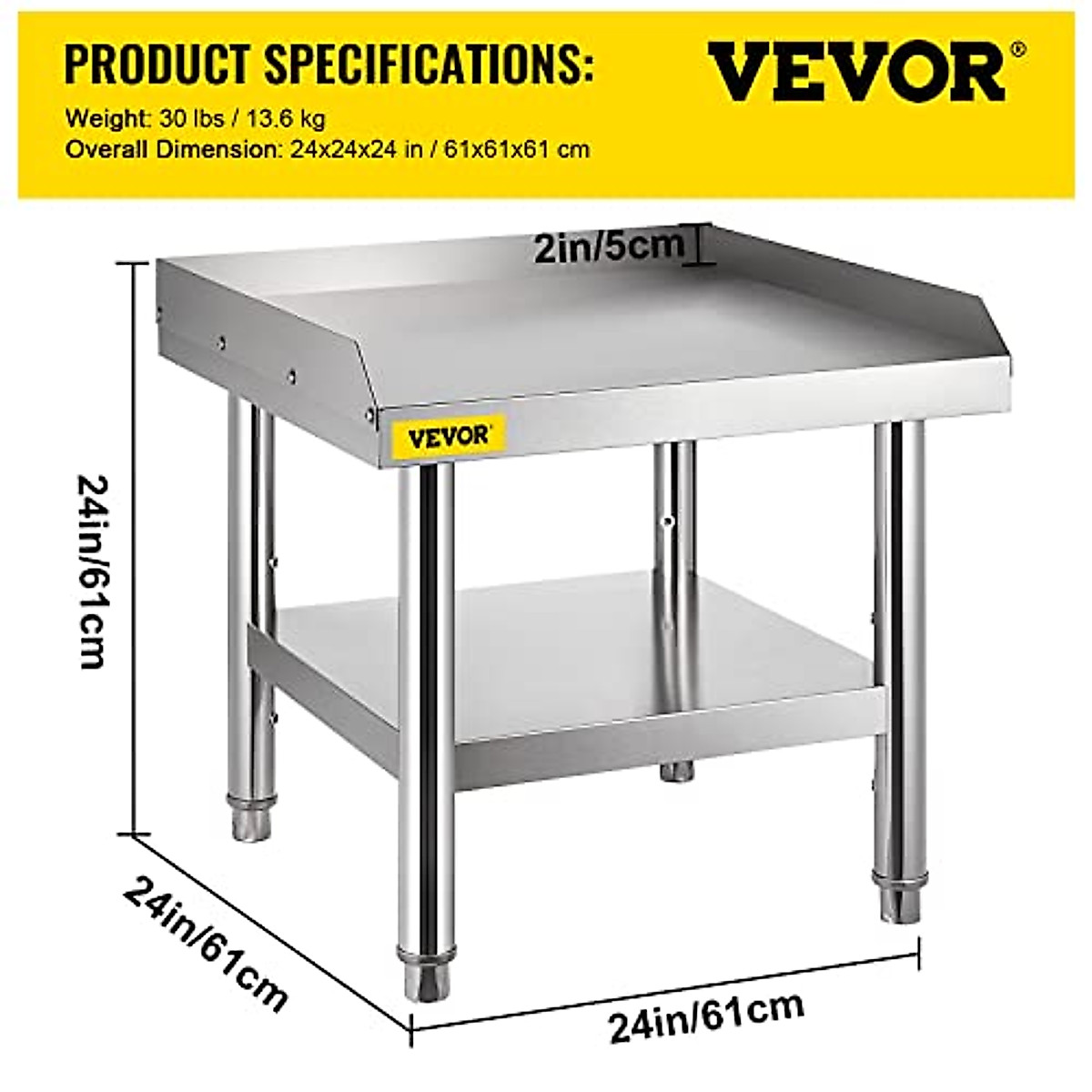 VEVOR Stainless Steel Equipment Grill Stand, 24 x 24 x 24 Inches Stainless Table, Grill Stand Table with Adjustable Storage Undershelf, Equipment Stand Grill Table for Hotel, Home, Restaurant Kitchen