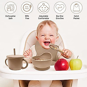 Li'l Rockstar Baby Led Weaning Supplies - Silicone Baby Feeding Set – Silicone Baby Bibs Suction Bowl Divided Plate Cup Self Feeding Spoons – Baby Toddler Dish Set (Dark Beige)