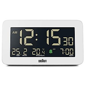 Braun Digital Alarm Clock with Date, Month and Temperature Displayed, Negative LCD Display, Quick Set, Crescendo Beep Alarm in White, Model BC10W.