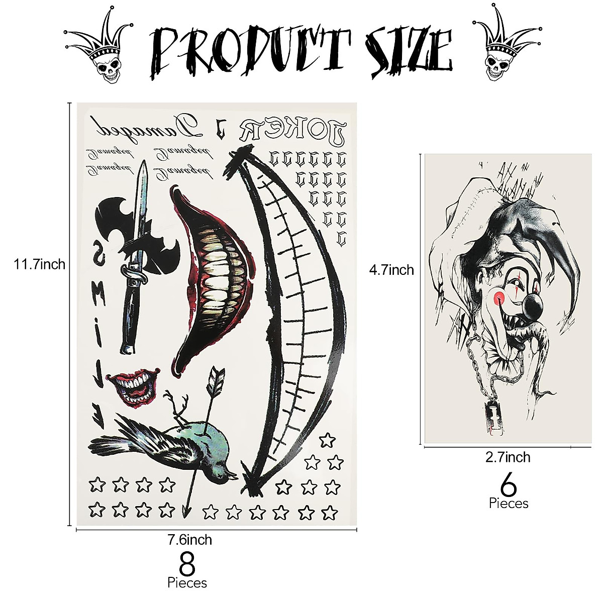 14 Sheets Halloween Joker Tattoos Kit,Halloween Temporary Tattoos are perfect for Halloween,Parties,Cosplay and Costumes,Harley Quinn Tattoos Stickers for Children and Adults,Large-Size 8.3'' x 11.8''