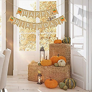 Rainlemon Jute Burlap Happy Birthday Banner with Pumpkin Rustic Fall Autumn Birthday Party Garland Decoration