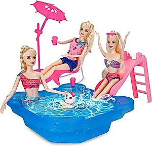 Deluxe Doll Pool Play Set, Doll Glam Pool with Slide&Dolls Accessories&Beach Umbrella&Chair, Suitable for Dolls Up to 12 Inch, Kids Gifts for 3 to 7 Year Olds Girls, Bath Toys for Toddlers