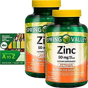 Spring Valley Zinc 50 mg with Vitamin D3 50 mcg Capsules + “Vitamins & Minerals - A to Z" - Better Idea Guide (2 Pack 300 ct)