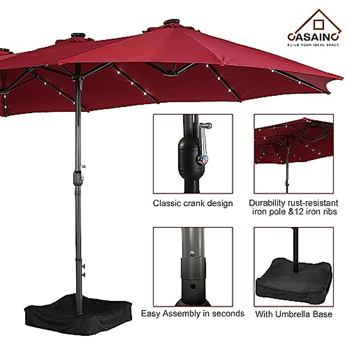 CASAINC 15 FT Solar LED Patio Umbrella with Base Double-Sided Extra Large Outdoor Umbrella Market Rectangular Twin Umbrella w/Crank for Garden Deck Lawn Pool Backyard-Burgundy (with Lights)
