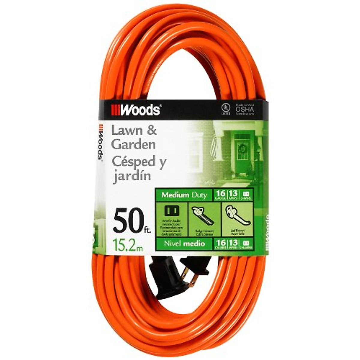 Woods Light Duty Extension Cord, 50Ft, 16 Gauge, General Purpose Cord, SJTW, Orange, 0723