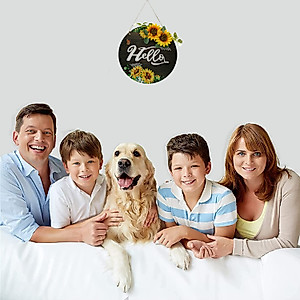 Autonomier Hello Welcome Wood Wall Hanging Sign, Colourful Sunflower Wooden Front Door Decor, Round Antique Wood Rustic Porch Decoration for Home Office Garden Farmhouse, 12 x 12 Inch（Brown）