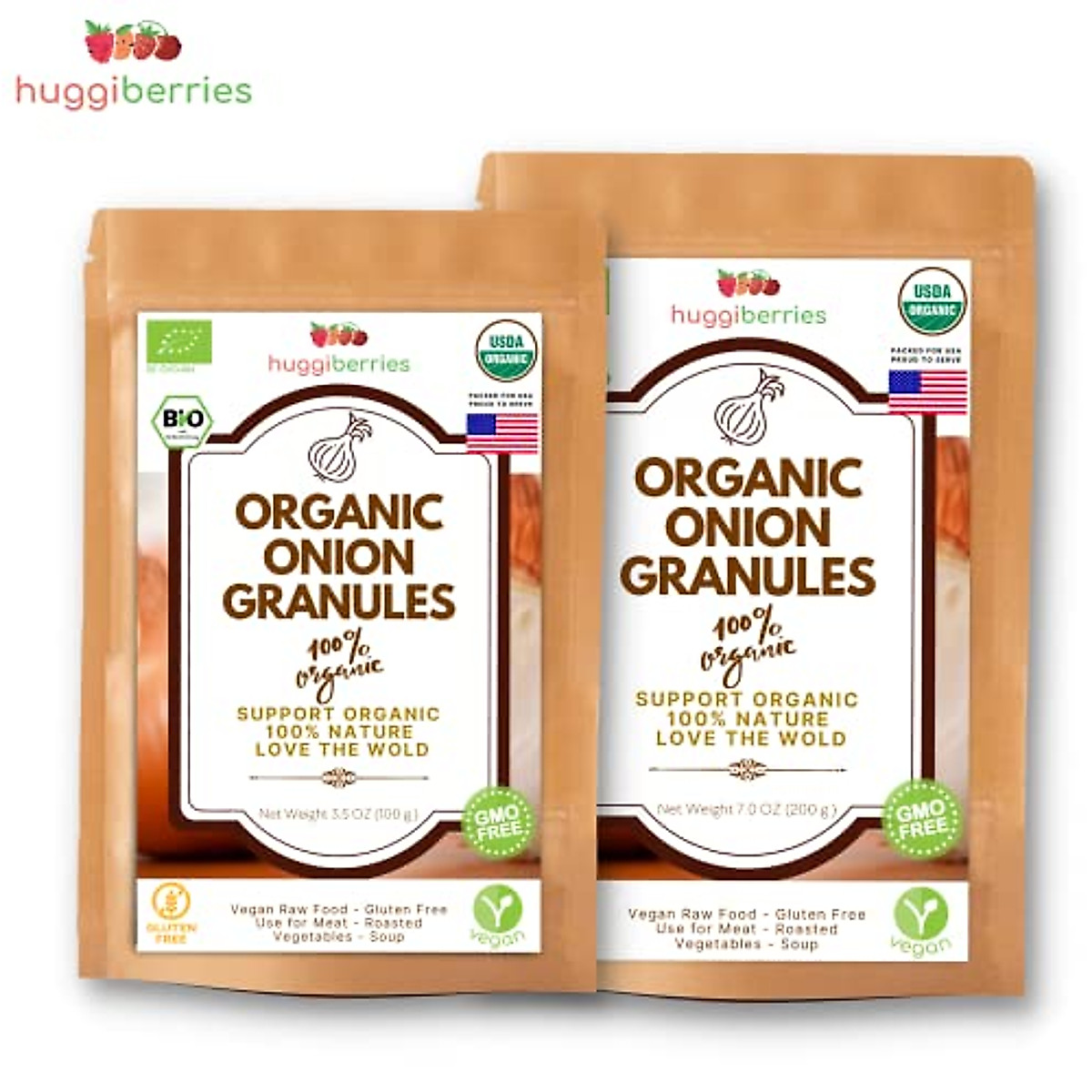 Huggiberries Organic Onion Granules 7 OZ - Pure, Natural, and Delicious Onion Powder for Soups, Veggies, Meat - Gluten-Free, Vegan, and Organic Potent - Antioxidants, Supports Heart and Cardio