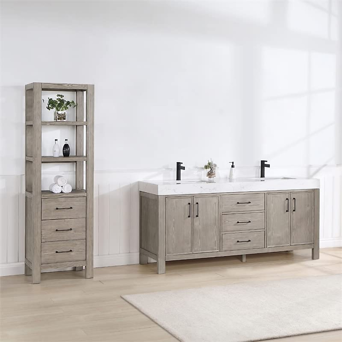 VINNOVA Leon 72" Double Bath Vanity in Fir Wood Grey with Lightning White Composite top