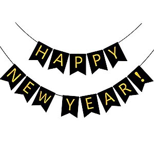 FECEDY Happy New Year Banner Black Bunting with Gold Alphabet for New Year Party Supplier Eve Party Decorations