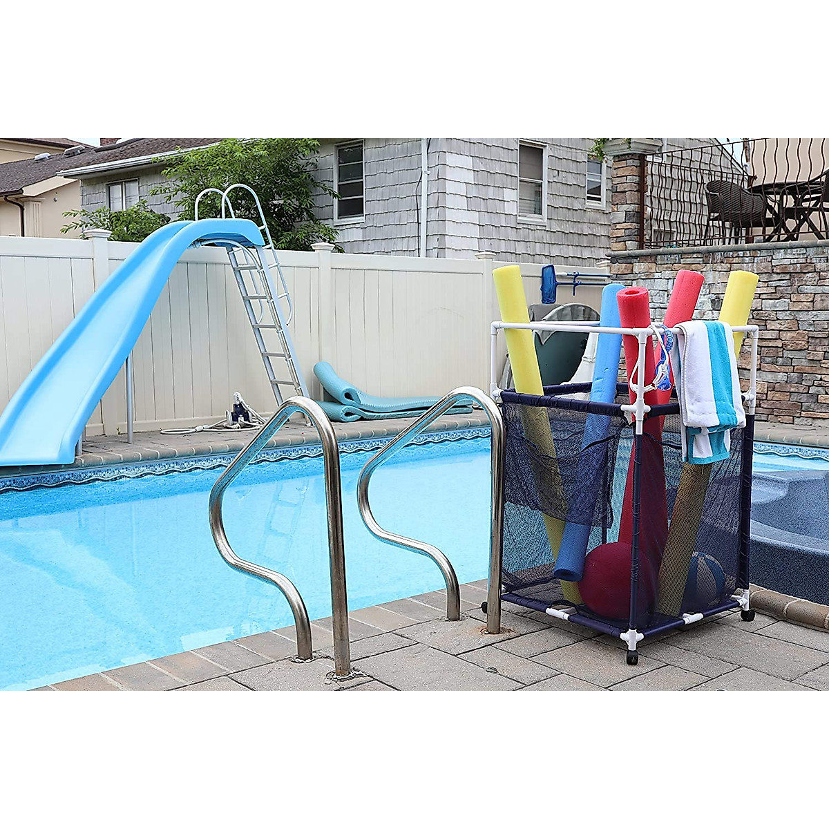 Essentially Yours Rolling Pool Noodle Storage Organizer Bin, Standard Noodle Holder, (25.4" W x 26" L x 40.5" H), Blue/White Style 510643