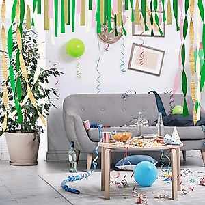 MEIYKO Baby Shower Decorations, 5 Rolls Green Pink Gold Crepe Paper Streamers for Boho Bridal Shower, Wedding Shower, Engagement Party, Sage Green Birthday Party Decorations