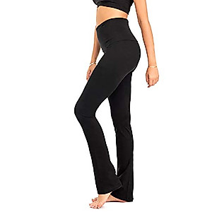 DEAR SPARKLE Bootcut Fold Over Leggings for Women | Slim Look Bootleg Yoga Pants w Pocket + Plus Size (C5 F) (Black, Medium)