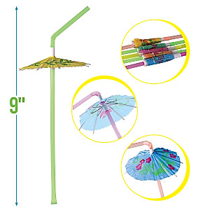 Prextex Umbrella Drinking Straws 200pcs - Flexible Straw, Bendable/Bendy Straws, Colored Long Plastic Straws, Disposable Plastic Straws, Colored Straws, Cocktail Straws, Umbrella Straws, Tumbler Straw