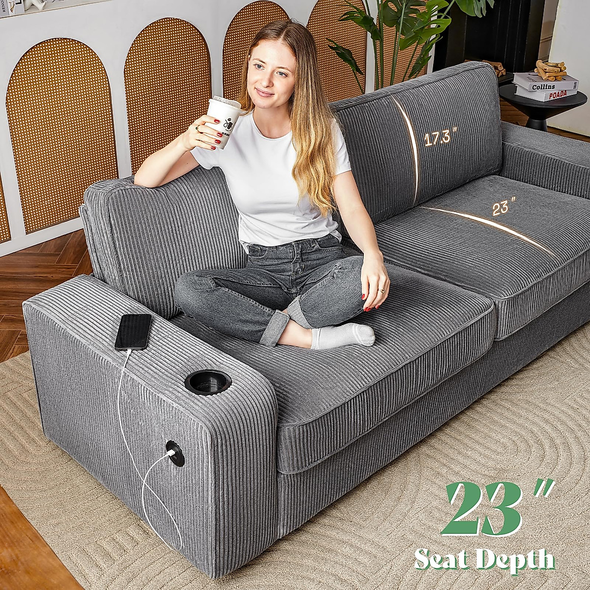 AMERLIFE Couch, 89 inch Sofa Couch- Deep Seat Sofa with 2 USB Charging Ports & 2 Cup Holders, 3 Seater Couch with Grey Corduroy, Modern Sofas for Living Room