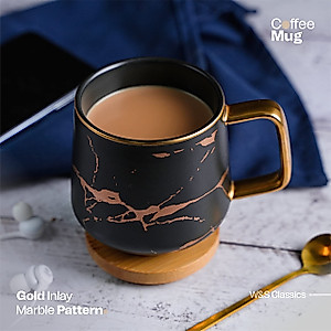 Classic Ceramic Kintsugi Style Black Coffee Tea Mug with Gold Inlay, Spoon and Bamboo Lid- 12 OZ, Large Mugs for Men and Women, Unique Design, Perfect Novelty Gift- Dishwasher Safe