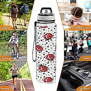 Wusikd Red Ladybugs Water Bottle Tritan BPA-Free Drink and Straw Leakproof Motivational Black Dot White Drinking Water Bottles with Carrying Strap for Office, Gym, Outdoor Sports