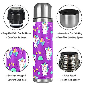 Cute Unicorn Purple Pattern Stainless Steel Water Bottle Leak-Proof, Double Walled Vacuum Insulated Flask Thermos Cup Travel Mug 17 OZ