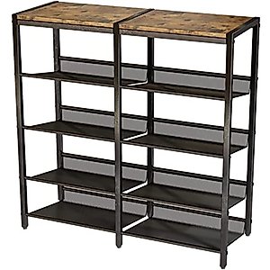 AWQM 5 Tier Shoe Rack Organizer,Industrial Closet organizer,Holds 12-15 Pairs of Shoes,Stackable Shoe Shelf with 4 Metal Mesh Shelves /Wood Tabletop,Coset Shelf for Entryway, Hallway, Closet, Brown