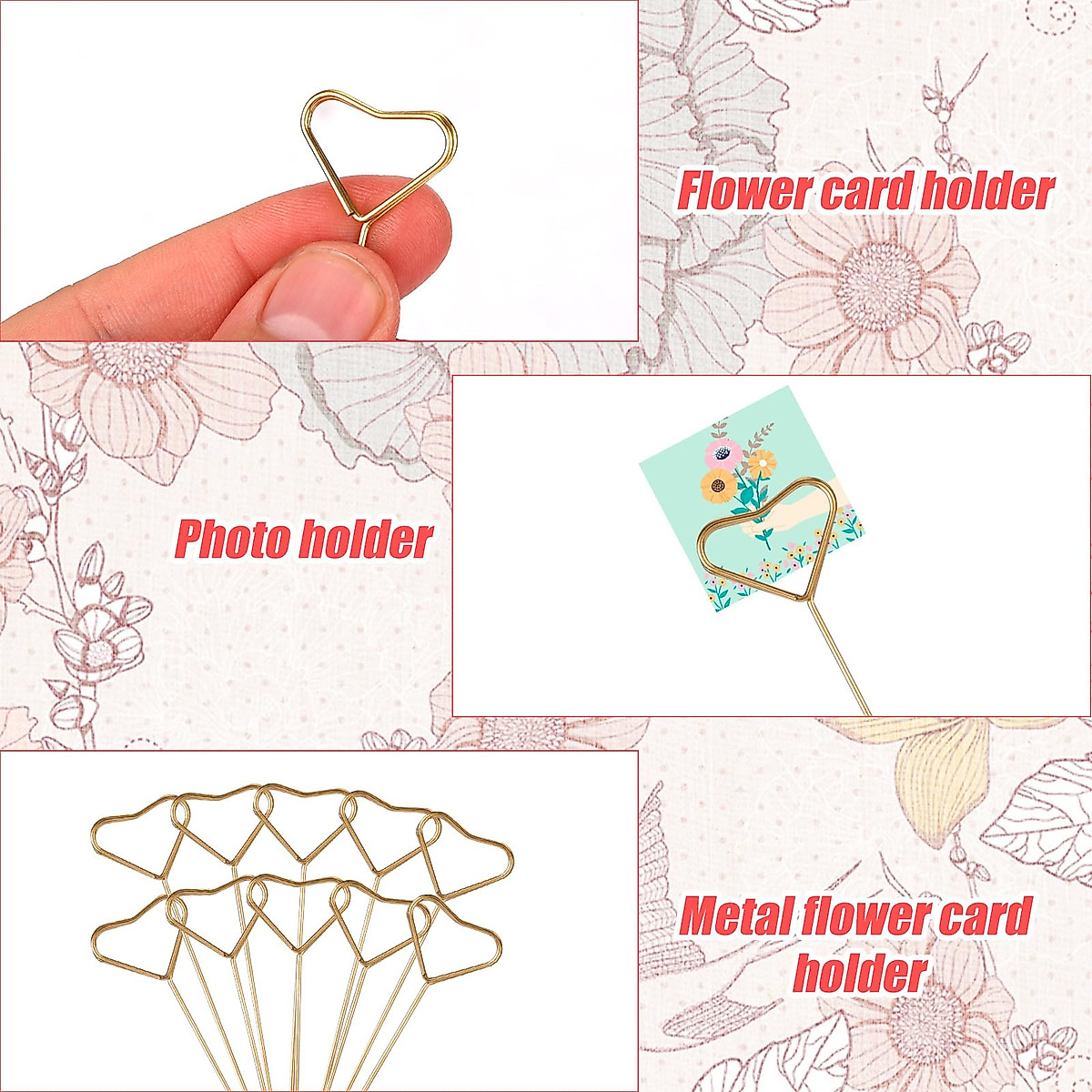 XIHIRCD 20pcs Floral Card Holder Picks, Metal Heart Shape Gift Card Holder Decorative Flower Photo Picture Sticks Clips Golden Card Holder Floral Arrangement for Wedding Party Valentines Centerpiece