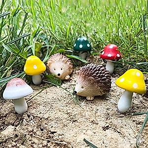 Fairy Wild Garden Accessories, Polyresin Hedgehogs and Wood Mushroom Miniature Garden Animals Figurines Outdoor Decoration for Plant Pots Bonsai Craft Decor Lawn Yard Fairy Wild Garden Supplies