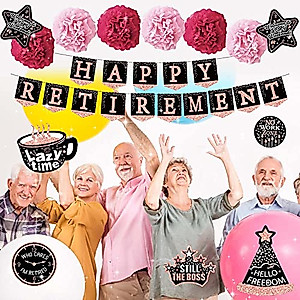 retirement party decorations banner gifts - (22pack) happy retirement rose gold banner, 6 paper Poms, 6 Hanging Swirl, 7 decorations stickers.retirement sash for women
