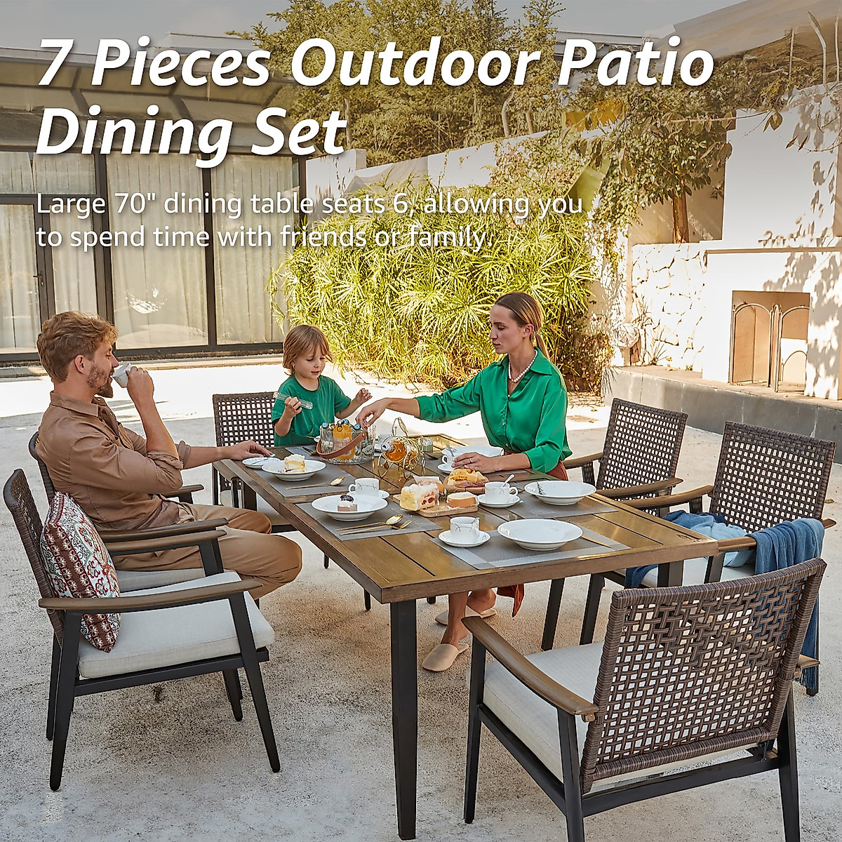 NATURAL EXPRESSIONS 7 Piece Patio Dining Table Outdoor Furniture Set, 6 Rattan Wicker Chairs with Cushions and 70” Large Dining Table with 1.65'' Umbrella Hole for Patio, Garden, Porch, Pool Beige