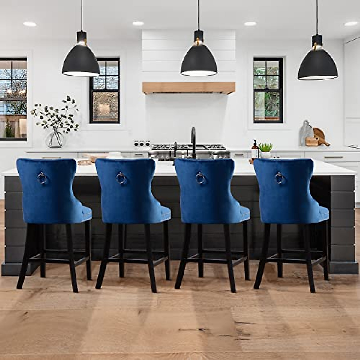 SICOTAS Bar Stools Set of 6 Stool Chair - Tufted Back Counter Stools for Kitchen Counter with Upholstered Velvet Cushion Barstools Nailhead Trim Wood Bar Height Chairs Stool for Pub Bistro 27.2'' Blue