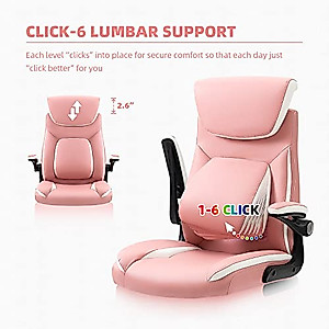 YAMASORO Ergonomic Home Executive Office Chair with Flip-up Armrests and Lumbar Support, High Back Desk Chair Computer Gaming 360 Swivel Adjustable PU Leather for Adults and Teens, Pink