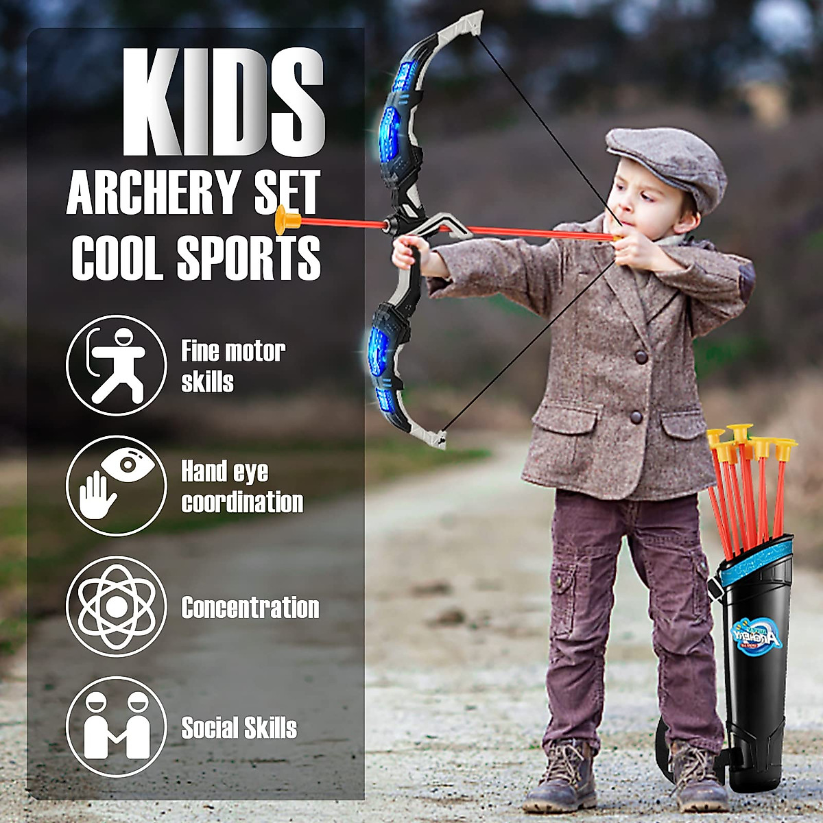 OWNONE 1 Bow and Arrow for Kids 4-6-8-12 Years Old, Archery Toy Set for Boys with LED Lights - Includes 2 Bows, 20 Suction Cup Arrows, 2 Quivers & Standing Target, Outdoor Toys for Kids Boys Girls