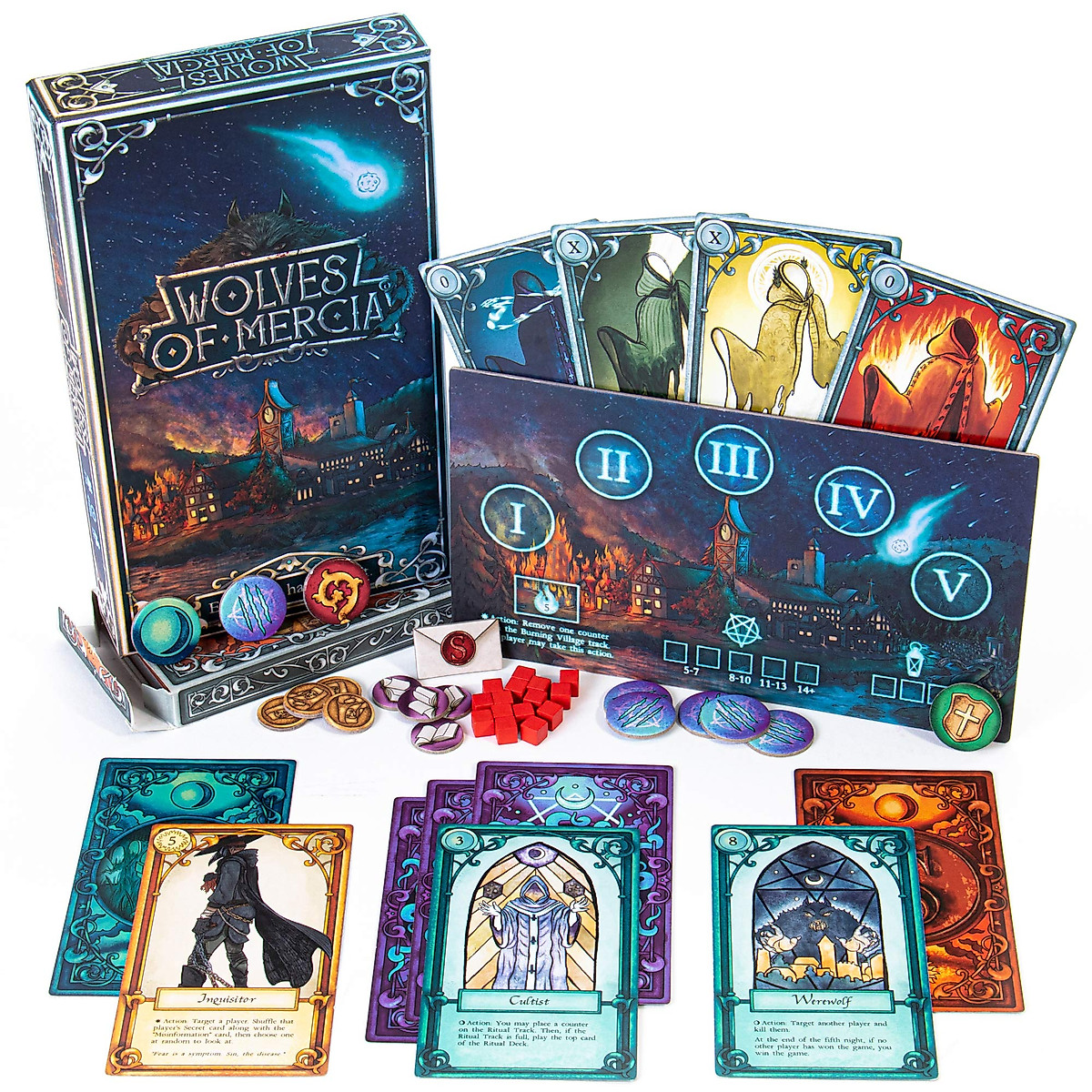 Wolves of Mercia - Ultimate Werewolf Social Deduction Strategy & Murder Mystery Board Game - 49 Jumbo Tarot Cards - Thrilling Large Group Game for 5-16 Players for Parties & Family Game Night