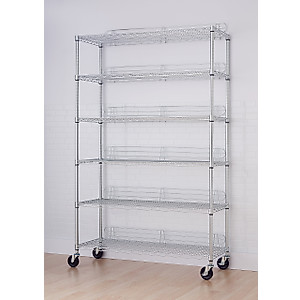 TRINITY EcoStorage Heavy Duty 6-Tier Adjustable Wire Shelving with Wheels and Backstands for Kitchen Organization, Garage Shelving, NSF Certified, 48” W x 18” D x 72-77” H, 800-4800 lb Capacity Chrome