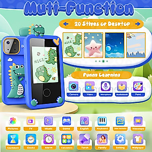 Luyiilo Kids Smart Phone Toys for Boys,Dinosaurs Gift Toys for Boys Ages 3-9 Christmas Birthday Gifts Mini Smart Phone Toys With 2.8" Touchscreen 16 Learning Games Dual Camera Music Player, 8G SD Card