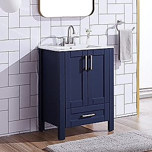 Popity home 24 Inch Bathroom Vanity with Sink,Blue Bathroom Sink Cabinet,Small Bath Vanity with White Three Hole Ceramic Sink, Gold Handle Bathroom Vanity