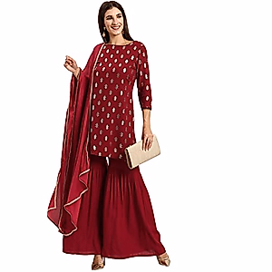 Janasya Indian Women's Maroon Rayon Kurti With Sharara And Dupatta(SET322-KR-SHA-XS)