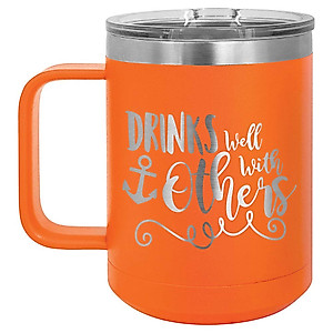 DRINKS WELL WITH OTHERS CRUISE Orange 15 oz Coffee Cup w/Slide Top Lid | Insulated Travel Coffee Mug | Birthday Or Christmas Gift Ideas From Women or Men | Compare To Yeti Rambler | ONLYGIFTS.COM