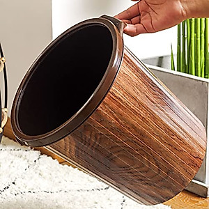 Angoily Trash Can with Pressing Ring 10L Imitation Wood Grain Waste Basket Garbage Can Rubbish Bin Flower Pot Toys Bucket for Home Office Brown
