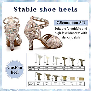 VCIXXVCE Women's Rhinestones Ballroom Dance Shoes Nude Suede Sole 3 Inch Heel Latin Salsa Bachata Performance Dance Heels,7.5 US