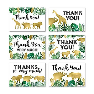 24 Safari Thank You Cards With Envelopes, Kids or Baby Shower Thank You Note, Jungle Greenery Gold 4x6 Varied Zoo Animal Giraffe Gratitude Card Pack For Party, Girl Boy Children Birthday Stationery