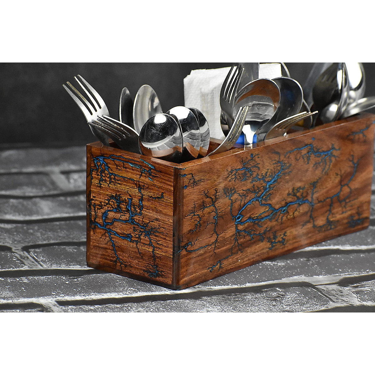 Utensil Caddy Silverware Cutlery Holder with 3 Compartment, Wooden Utensil Crock Flatware Organizers with Iron Stand, Rustic Kitchen Utensil Organizers for Farmhouse Kitchen and Countertop