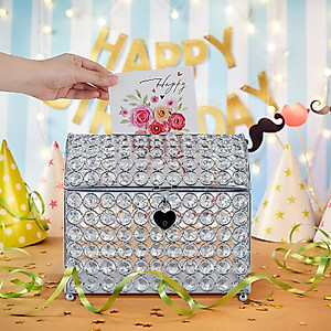 MDLUU Wedding Card Holder Box, Treasure Chest Wedding Money Box with Heart Shaped Lock, Crystal Bead Card Receiving Box for Wedding, Birthday, Graduation (Silver)