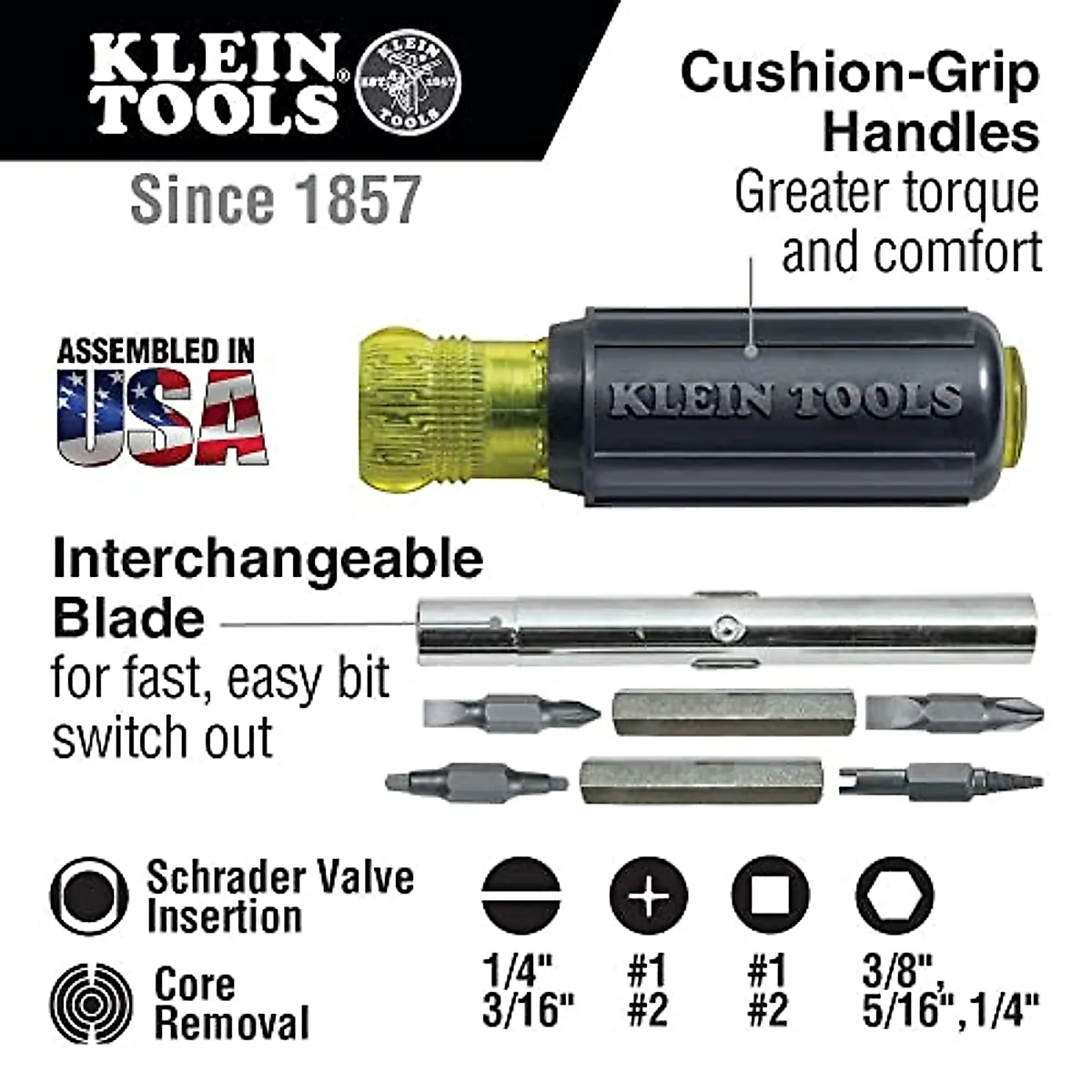 Klein Tools 80065 Schrader Driver Kit with Multi-Bit 11-in-1 Screwdriver / Nut Driver and 2-in-1 Nut Driver, Hex Head Slide Drive, 2-Piece