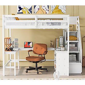 Merax Wood Full Size Loft Bed Frame with Built-in L Shaped Desk & 3 Storage Shelves & Attached Storage Stairs for Kids, No Box Spring Needed, White