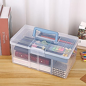 BTSKY 2 Layer Clear Plastic Dividing Storage Box with Removable Tray Multipurpose Stationery Storage Box with Handle Portable Sewing Box Art Craft Supply Organizer Home Utility Box (Big Blue)